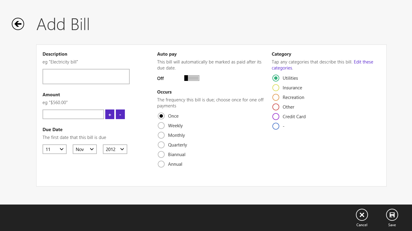 Billminder - Windows 8 App