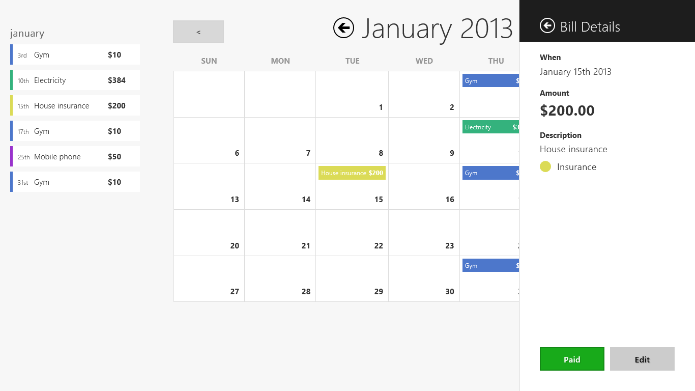 Billminder - Windows 8 App